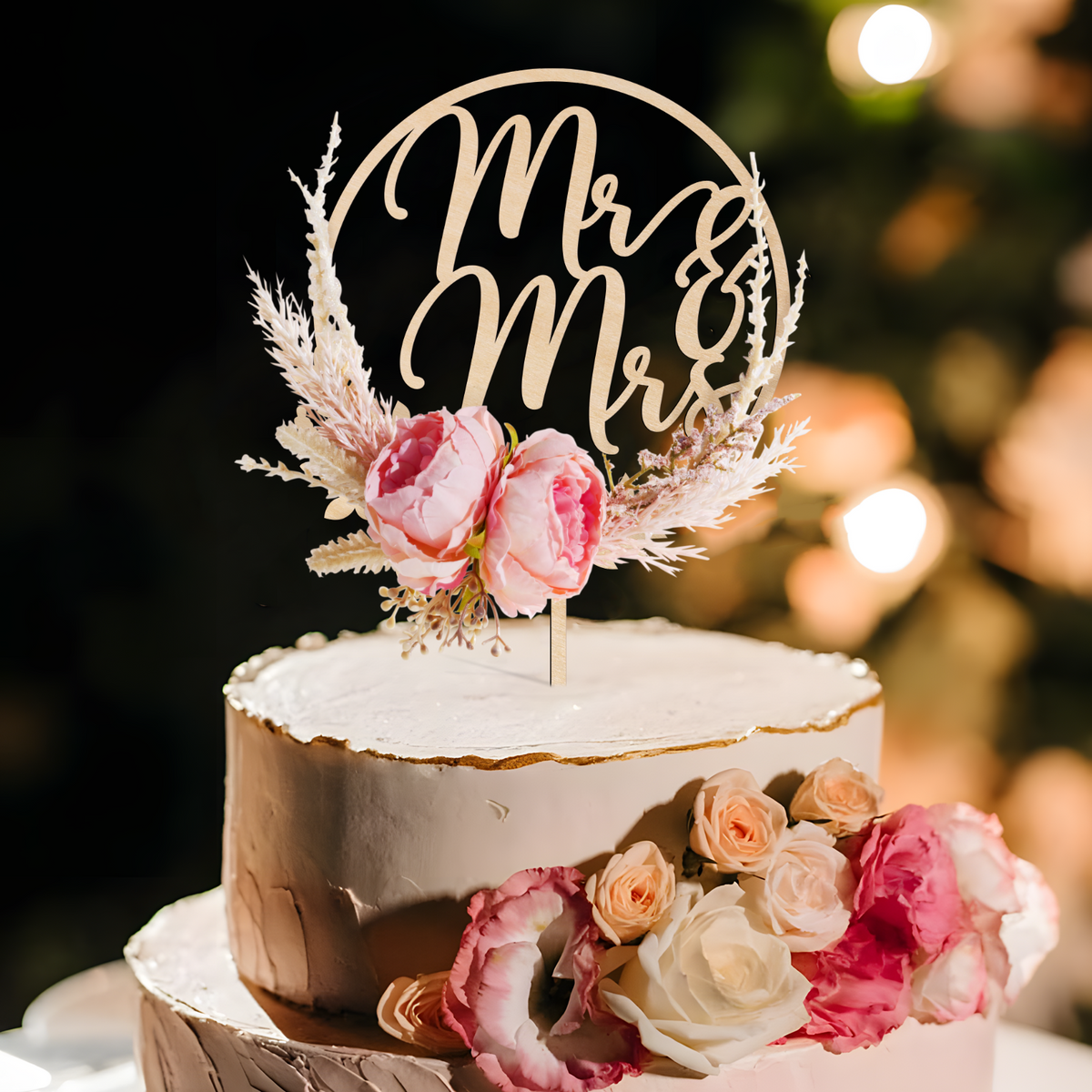 Party to Be Mr & Mrs Boho Wedding Cake Topper in Wood Round Floral Cake ...